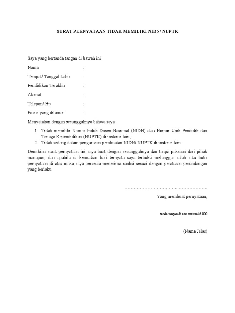 Surat Pernyataan NIDN NUPTK | PDF