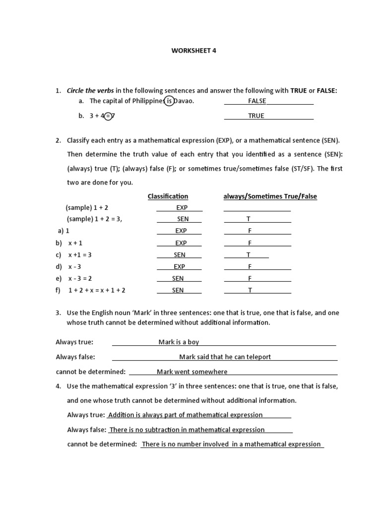 Worksheet 4 10 | PDF | Proposition | Truth