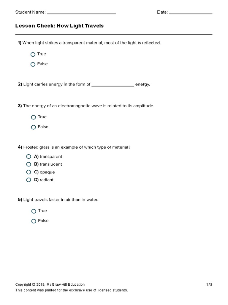 8G Lesson+Check - How+Light+Travels - SE | PDF | Science & Mathematics ...