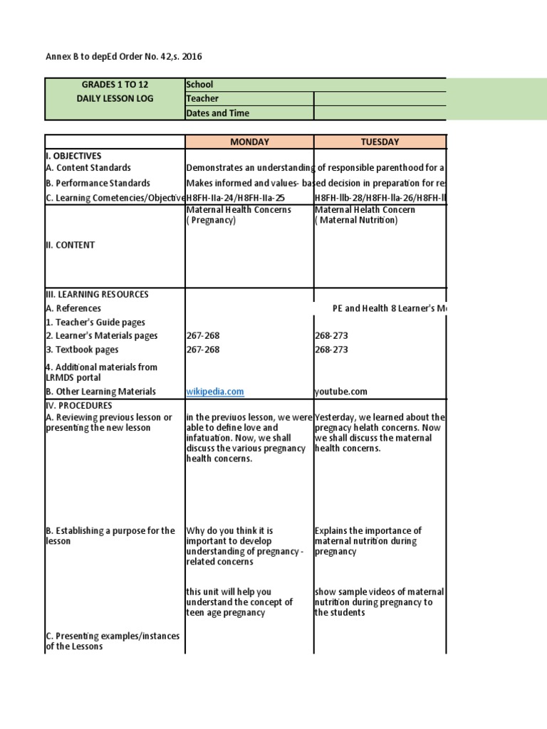Q2 - Grade - 8 - Health - DLL - Week - 2 Mapeh | PDF | Pregnancy ...