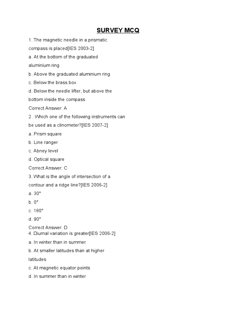All Survey MCQ | PDF | Surveying | Compass