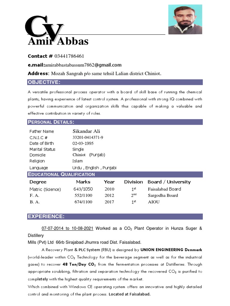 Amir Abbas CO2 Plant Operator Resume | PDF | Pump | Mechanical Engineering