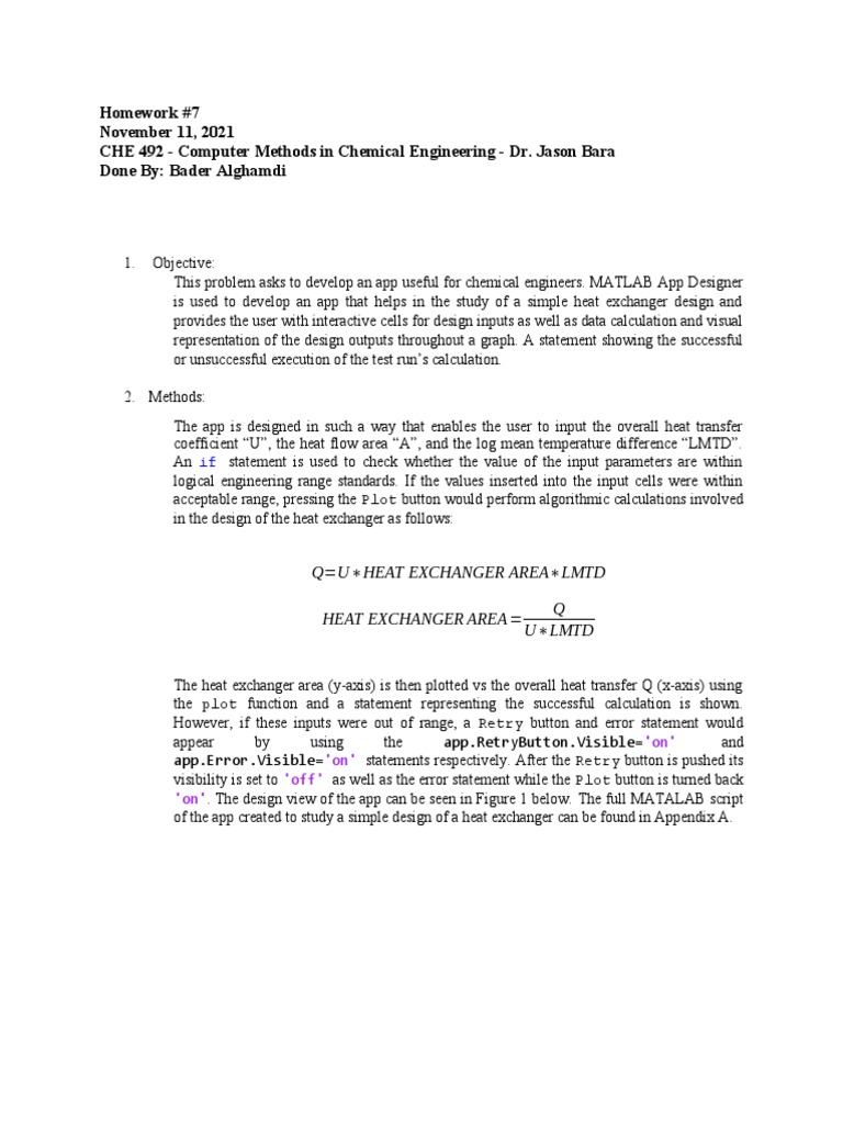 CHE 492 HW 7 Bader Alghamdi | PDF | Heat | Matlab