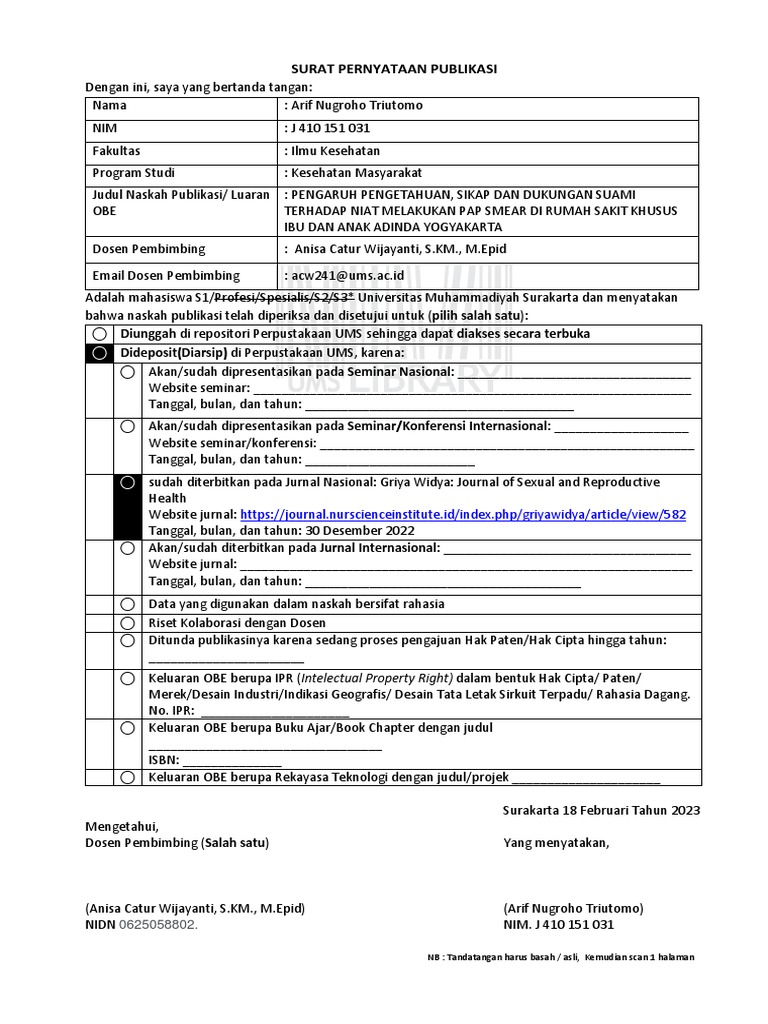Surat Pernyataan Publikasi UMS | PDF | Seni