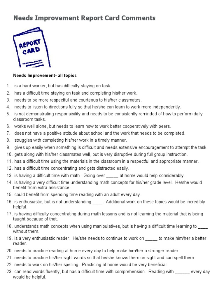Report Card Comments for Improvement | PDF | Linguistics | Human ...