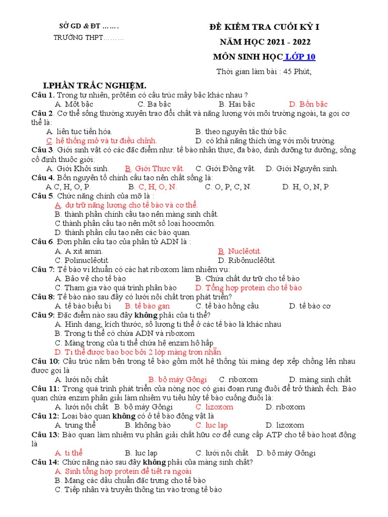 De Thi Hk1 Sinh Hoc 10 de 3 | PDF