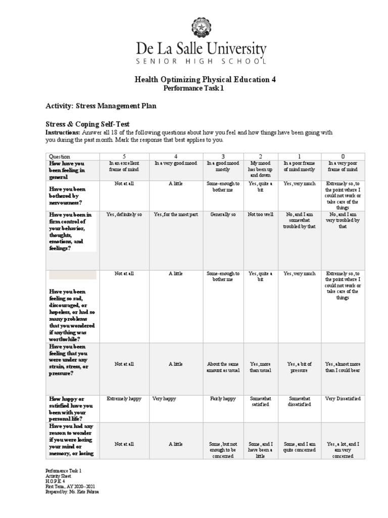 PT 1 Activity Sheet - Stress Management-3-1-2 | PDF | Stress (Biology ...
