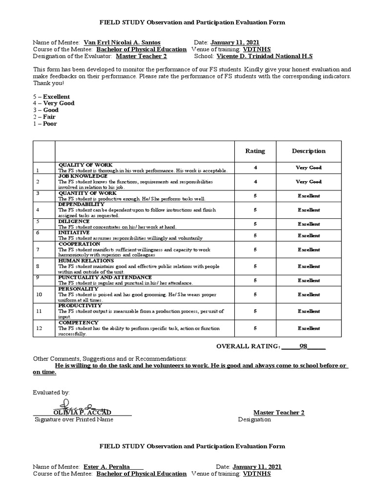 FIELD STUDY Observation and Participation Evaluation Form | PDF ...