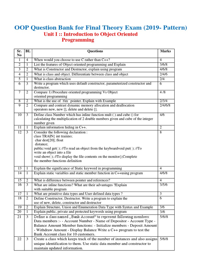 Final OOP QB 2019 Pattern | PDF | C++ | Pointer (Computer Programming)