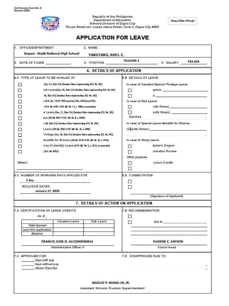 Cs Form No 6 Revised 2020 Application For Leave Pdf Sick Leave Social Programs