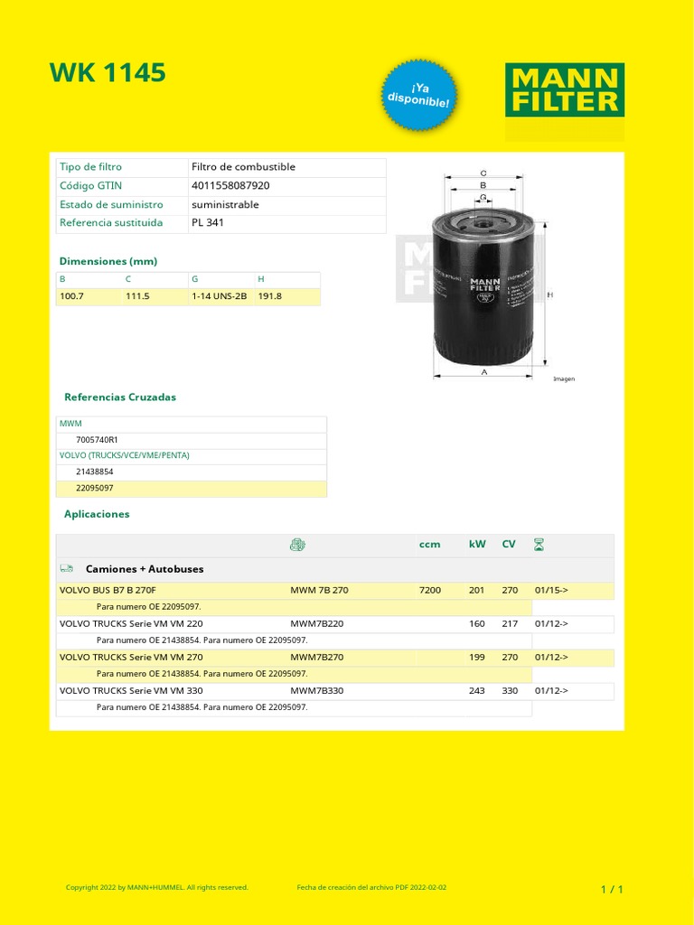 MANN-FILTER WK 1145 NEW BR Spa 2023-02-09 | PDF