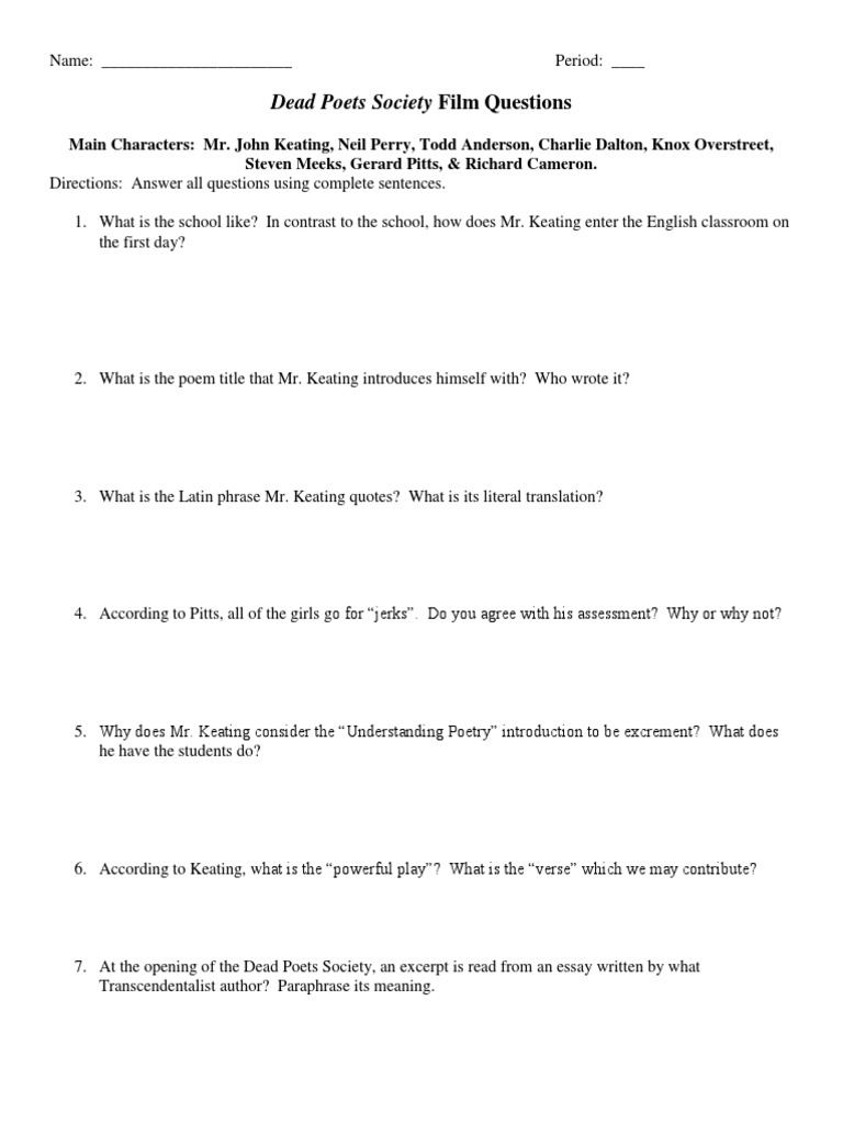 Dead Poets Society Film Questions | PDF