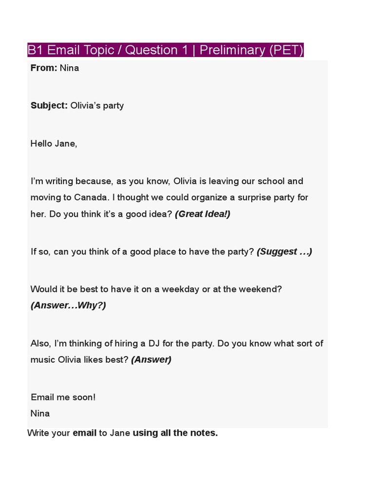 B1 Email Topic - Question 1 - Preliminary PET | PDF