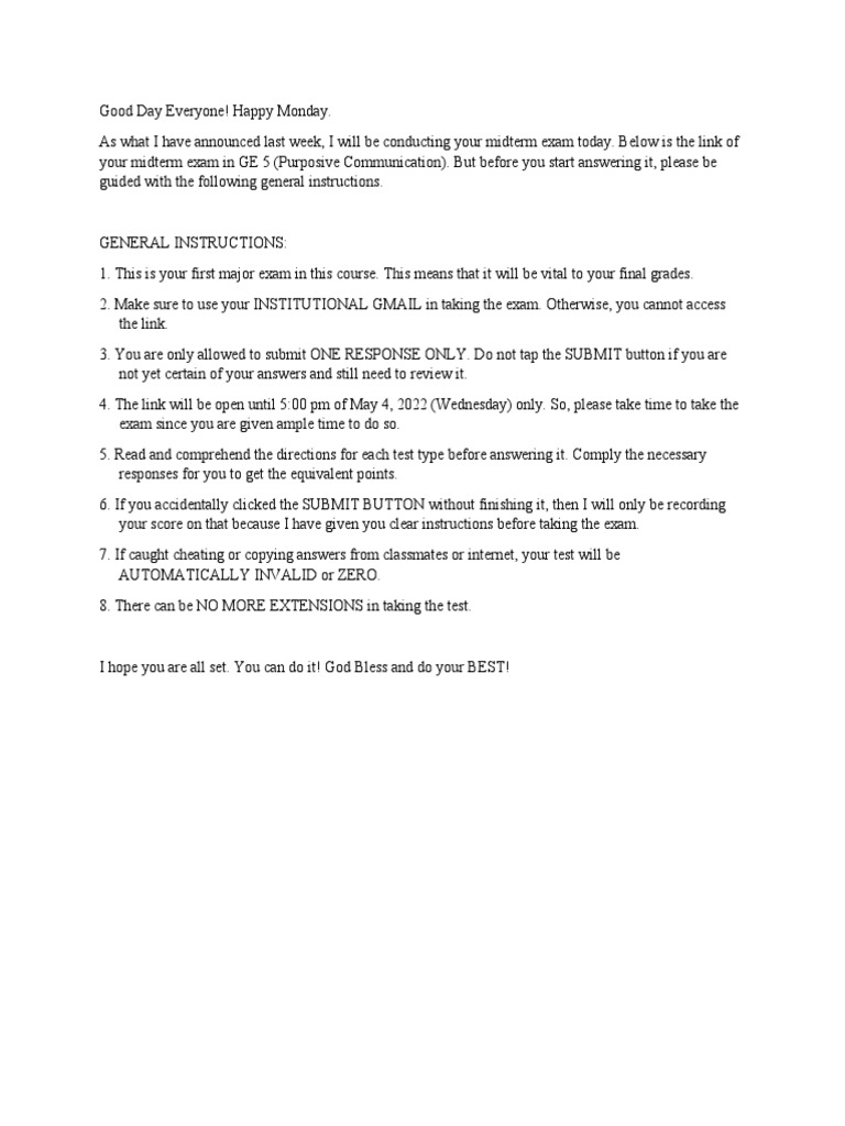 Exam General Instruction | PDF