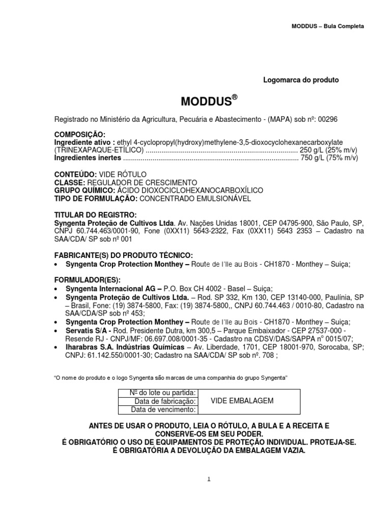 Bula do Regulador Moddus Syngenta | PDF | Cana de açúcar | Embalagem e ...