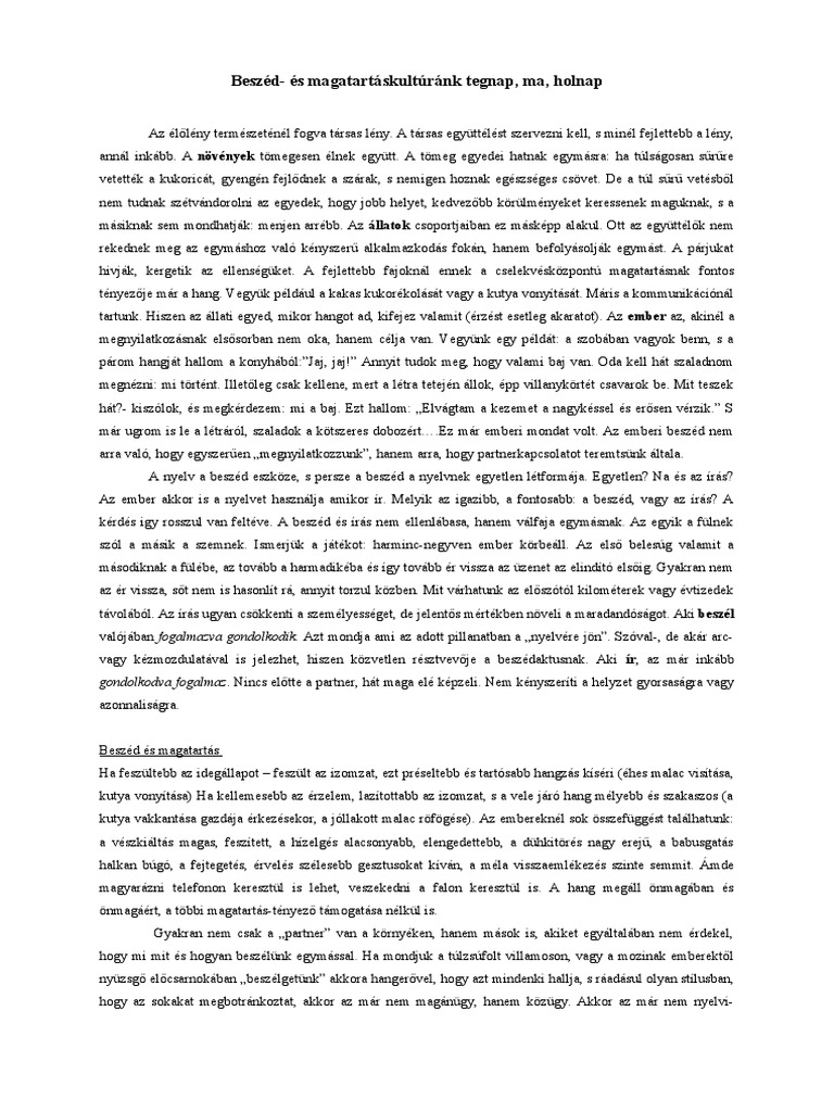 Beszéd És Magatartáskultúránk Tegnap, Ma, Holnap | PDF