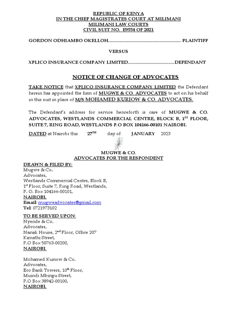 Notice of Change of Advocates CMCC E9554 of 2021 | PDF