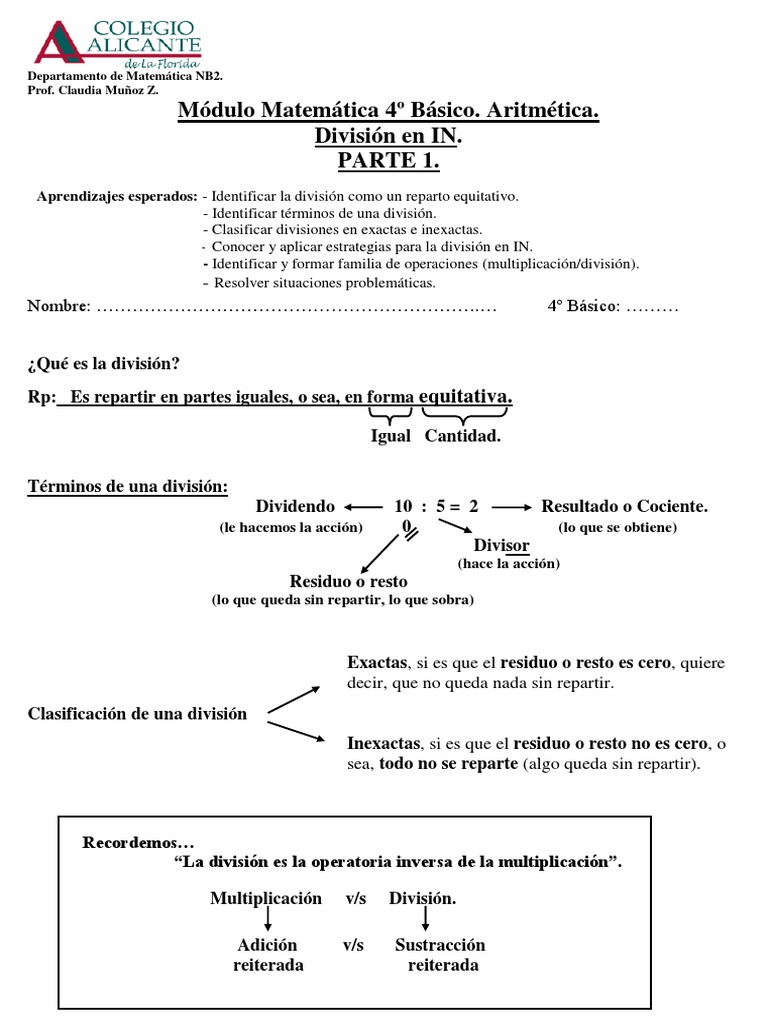 4° Básico Módulo División Parte 1 | PDF | División (Matemáticas ...