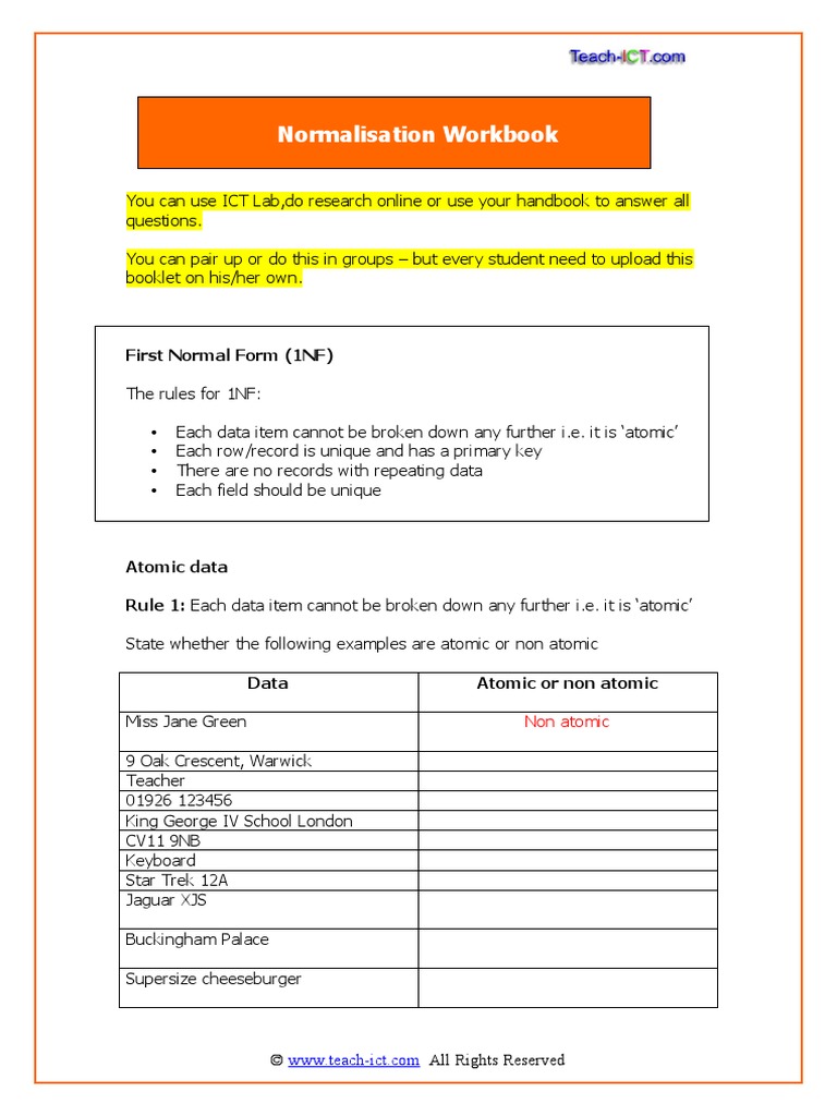 Y12 Normalisation - Workbook | PDF | Computing | Data Management