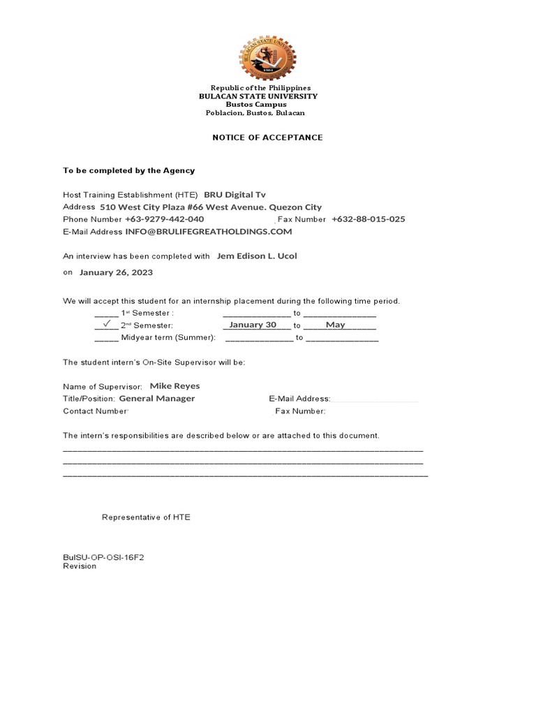 Internship Acceptance Notice | PDF | Career & Growth