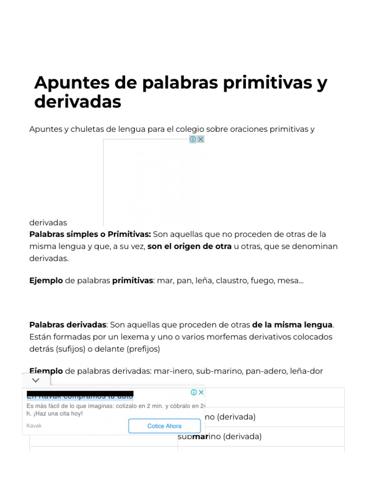 Lengua. Apuntes de Palabras Primitivas y Derivadas | PDF | Morfología ...