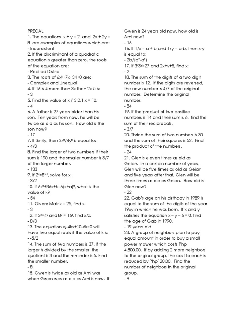 PRECAL | PDF | Numbers | Quadratic Equation