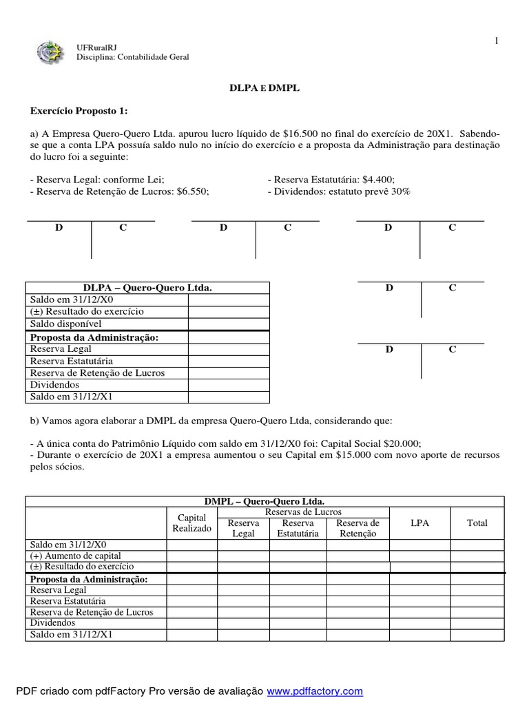 6 1 Exercicios Propostos DLPA e DMPL | PDF | Capital próprio (finanças ...
