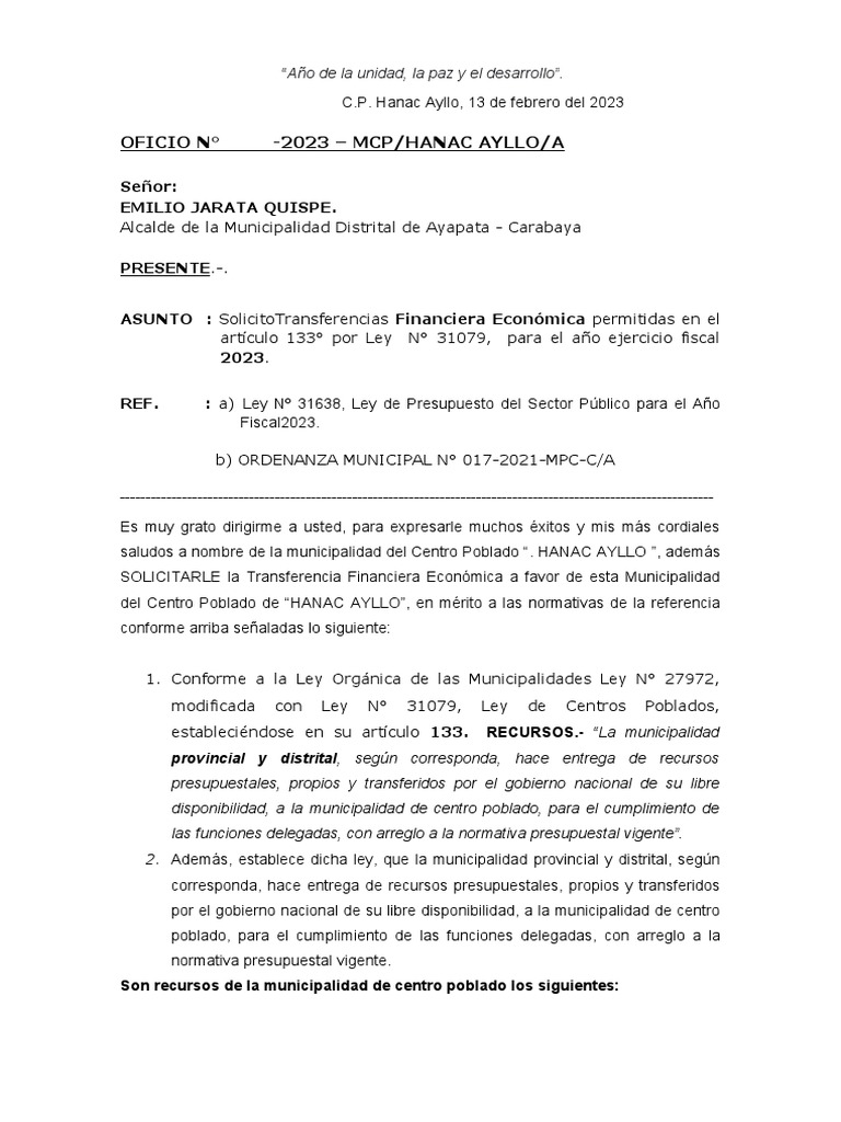 Oficio Solicitando Transfeencia de Recursos para C P Hanac Ayllo 2023 ...
