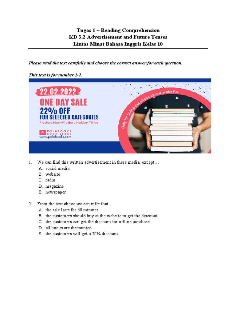 Task 1 - Reading Comprehension-Advertisement | PDF