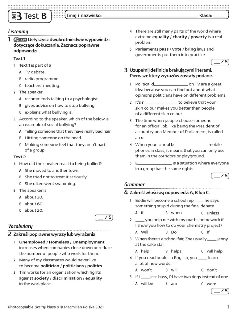 Brainy Kl8 Unit Test 3 B | PDF | Bullying