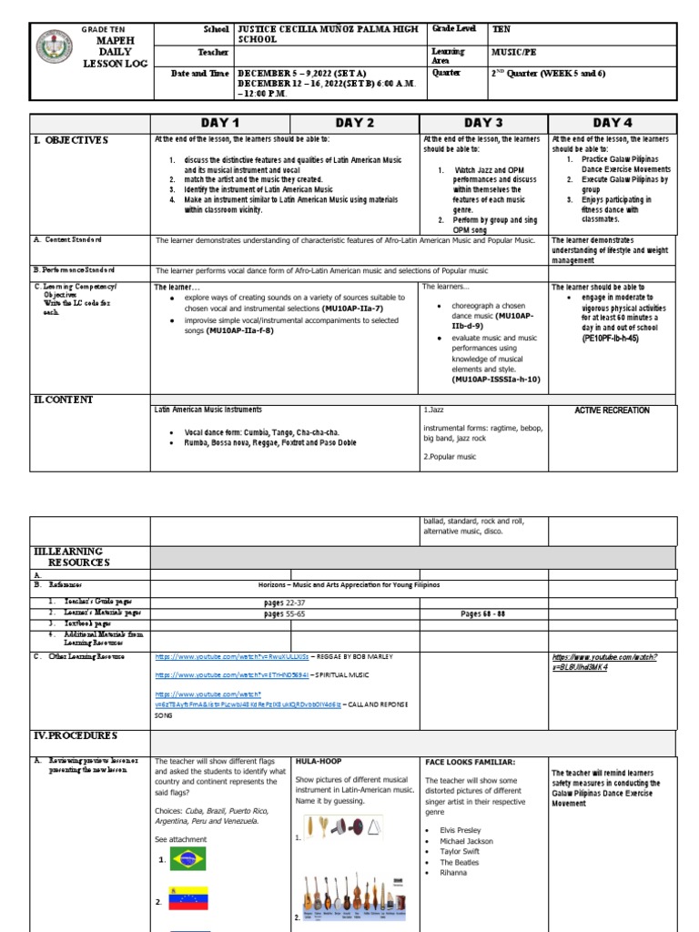 Mapeh10 DLL Week 5 6 JCMPHS 2ND Quarter | PDF | Jazz | Dances