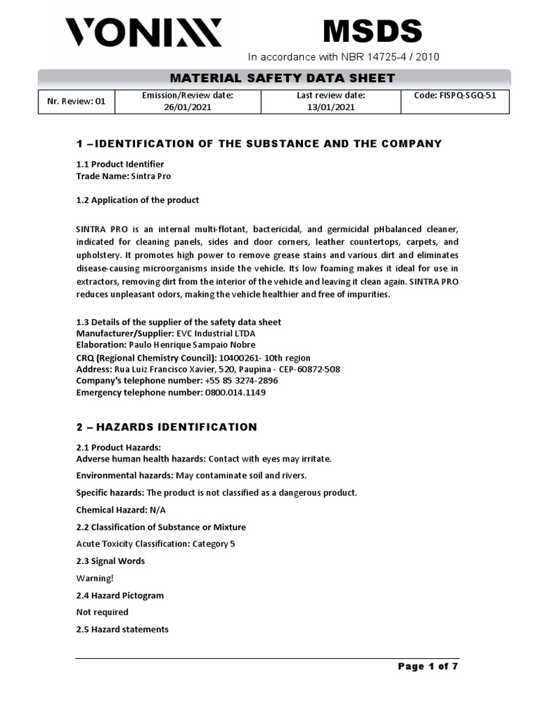 Sintra Pro Msds Sgq 31 | PDF | Dangerous Goods | Toxicity