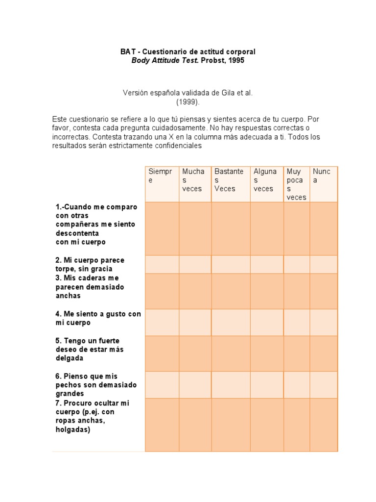 Cuestionario BAT de Actitud Corporal | PDF