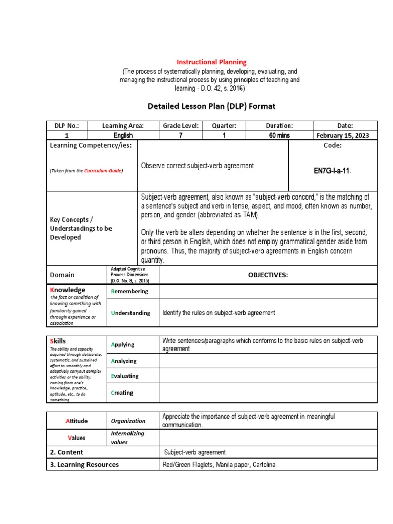 Detailed Lesson Plan (DLP) Format: Instructional Planning | PDF ...