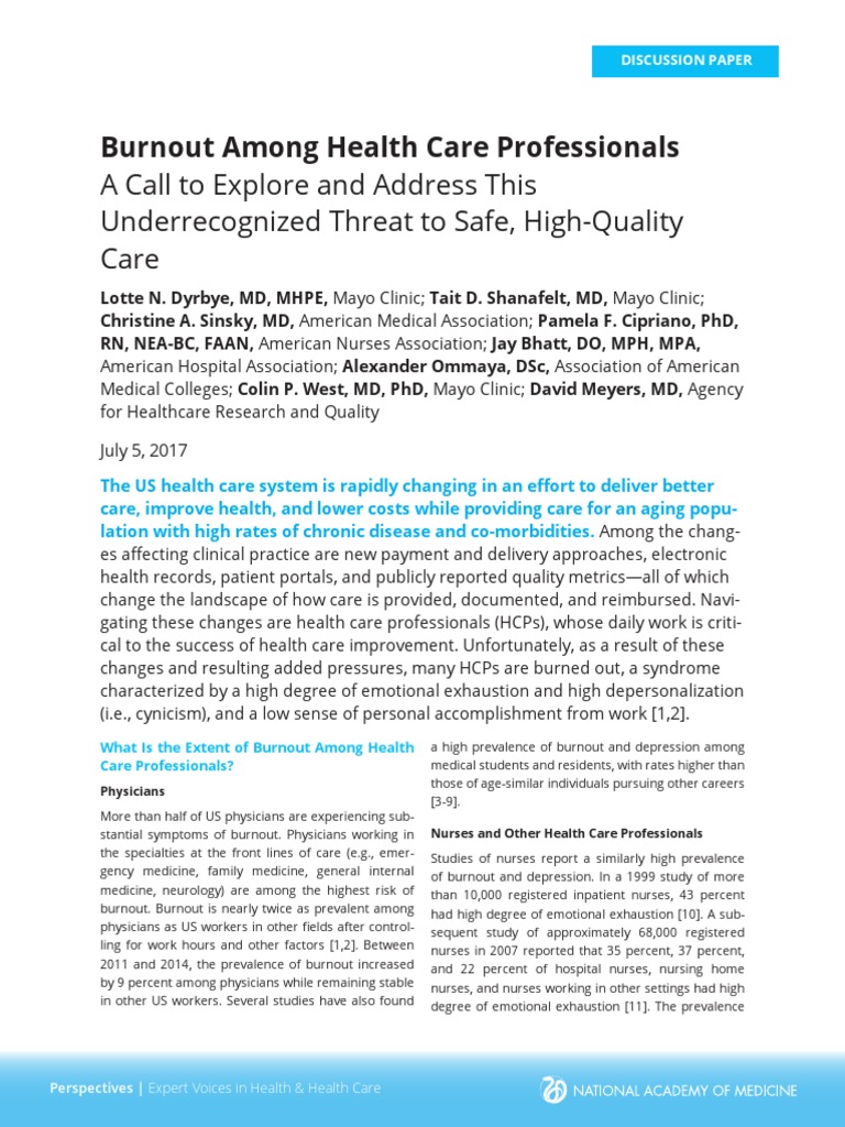 Burnout Among Health Care Professionals A Call To Explore and Address ...