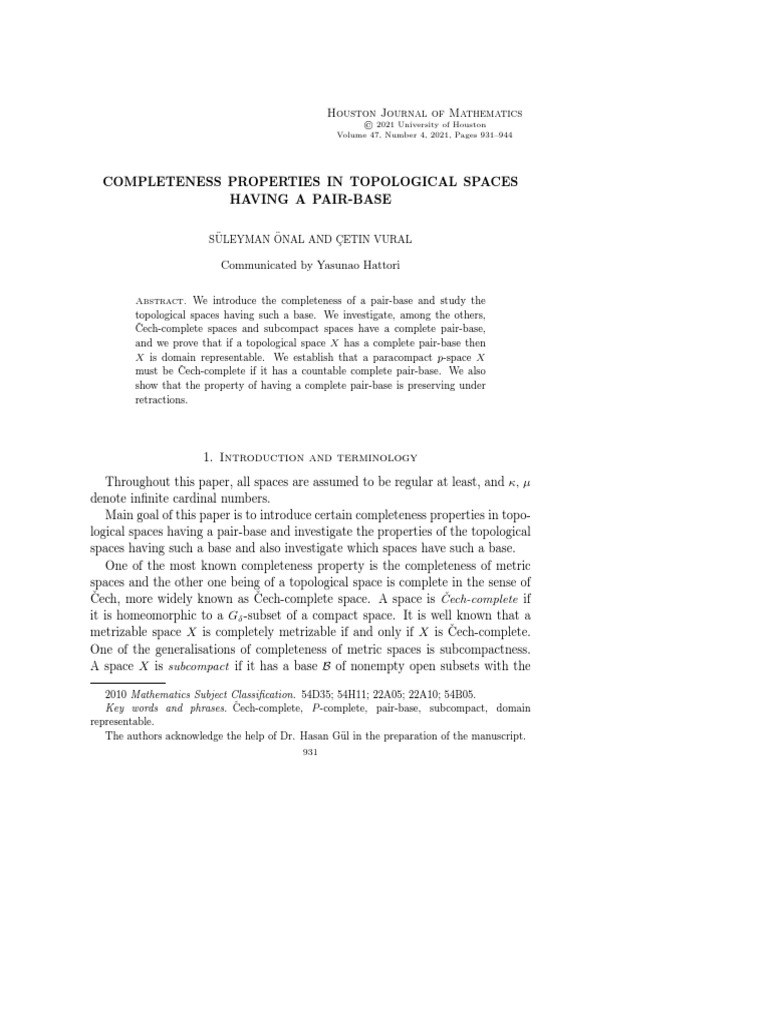 Completeness Properties In Topological Spaces Having A Pair Base Pdf Compact Space Geometry
