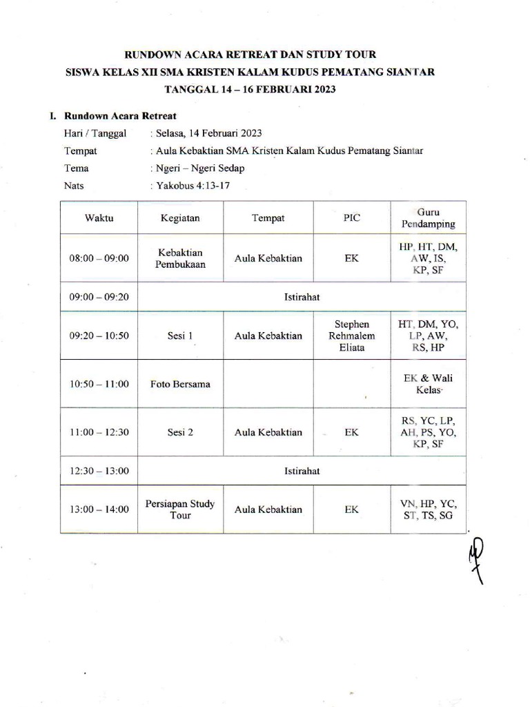 Rundown Acara Retreat Dan Study Tour Kelas Xii | PDF