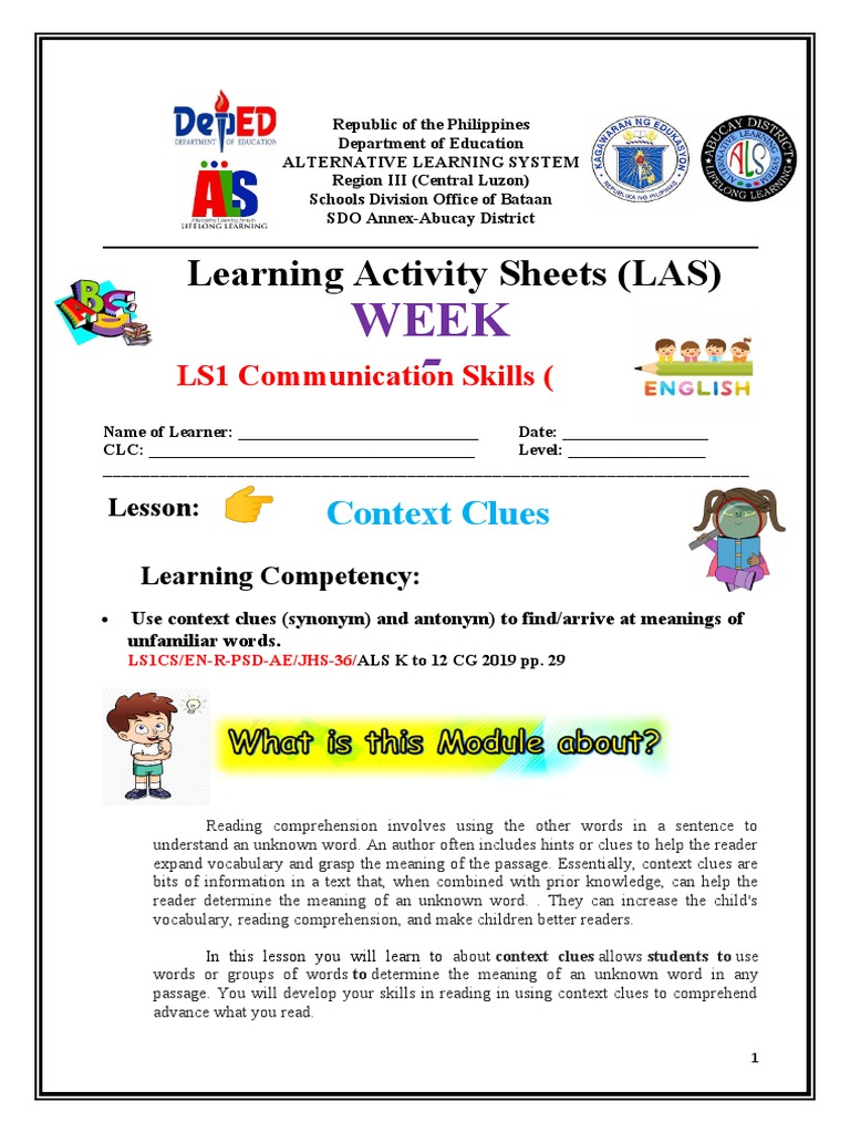 Week 5-LS1 Eng. LAS (Context Clues) | PDF | Reading Comprehension ...