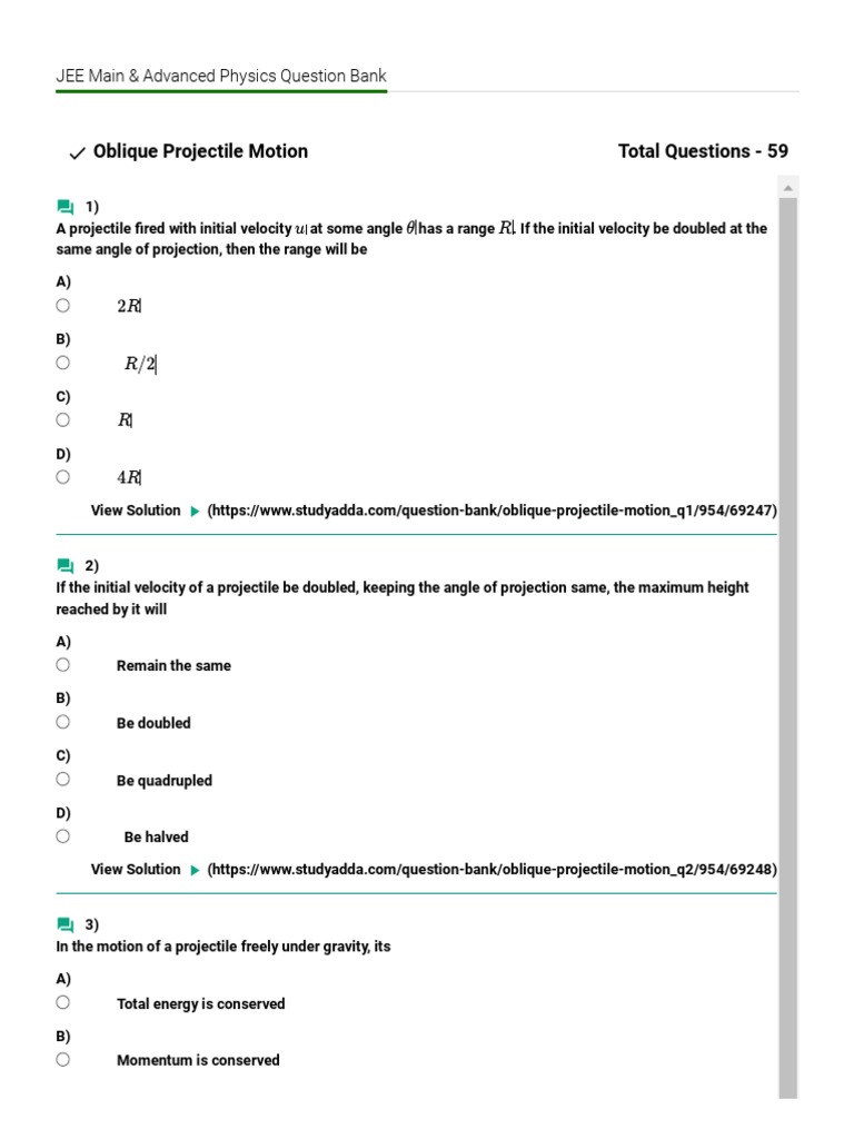 Question Bank For JEE Main & Advanced Physics Oblique Projectile Motion ...
