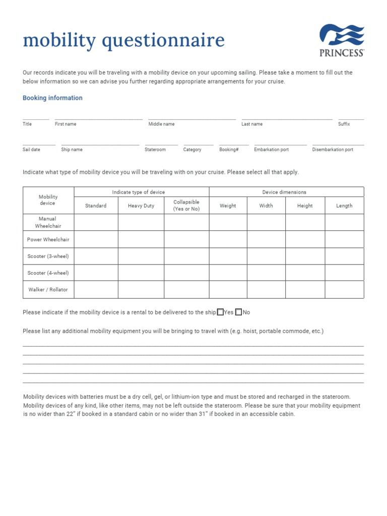 Princess Mobility Questionnaire | PDF | Elevator | Wheelchair