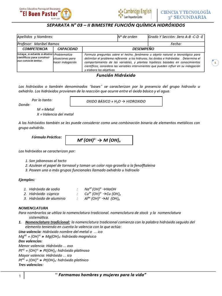 Separata 03 CT s3 II Bim 2022 | PDF | Hidróxido | Valencia (Química)