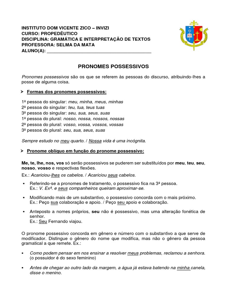 Proped. Pronomes Possessivos | PDF | Pronome | Tipologia linguística