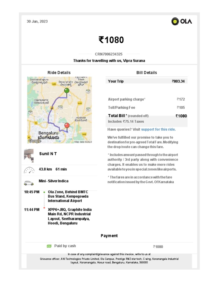 Cab Bill Airport To WhiteField | PDF | Transport | Service Industries