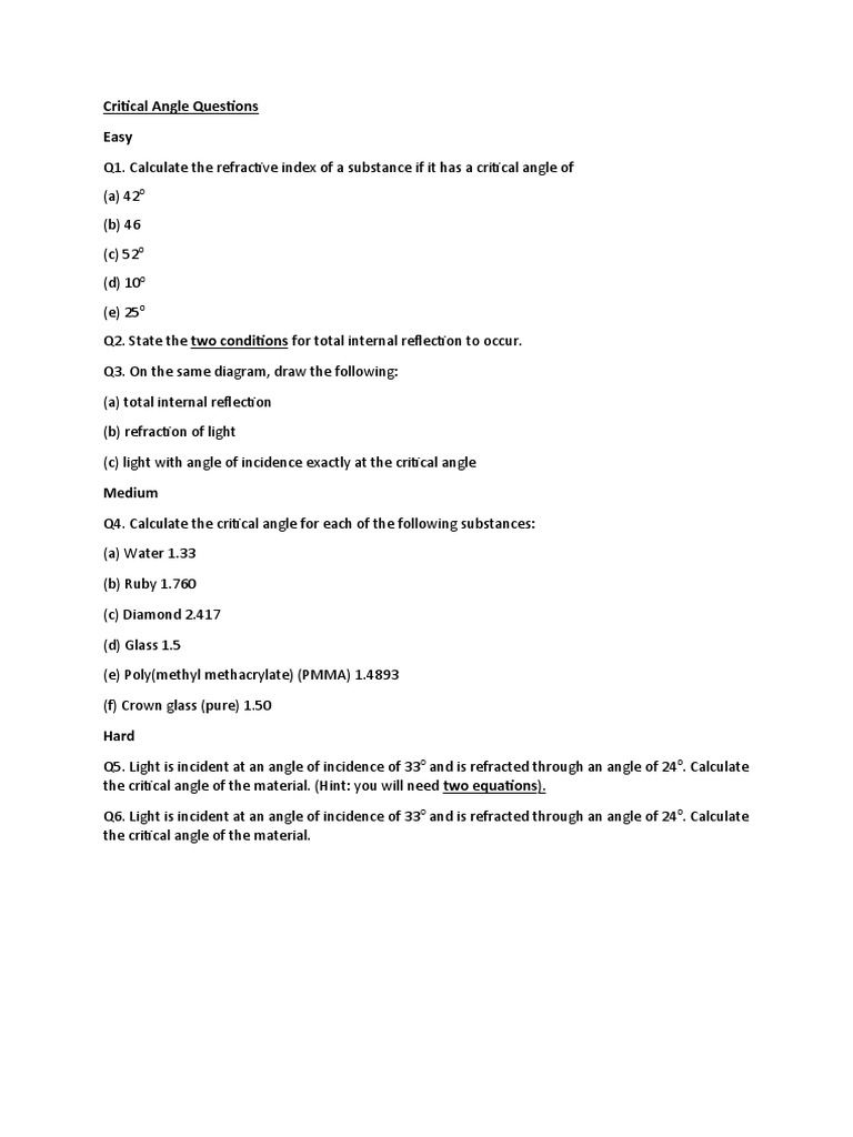 Critical Angle Questions | PDF