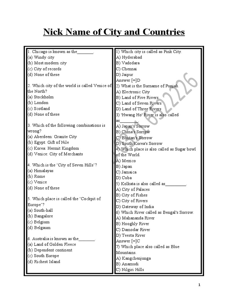 Geography Quiz: City & Country Nicknames | PDF | Travel | Young Adult