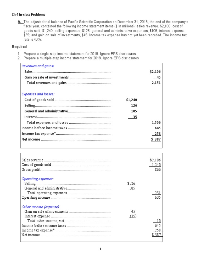 CH 4 In-Class Exercise SOLUTIONS | PDF | Revenue | Income Statement