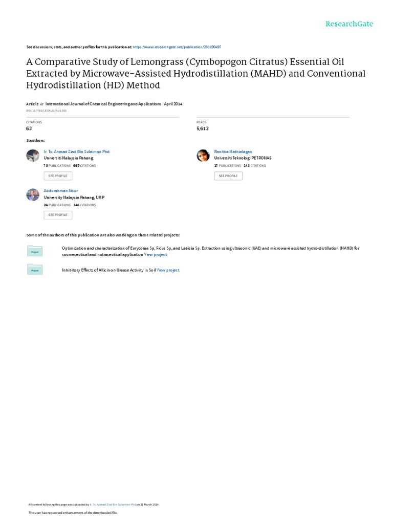 A Comparative Study of Lemongrass (Cymbopogon Citratus) Essential Oil Extracted by Microwave ...