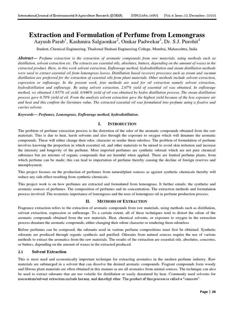Extraction and Formulation of Perfume From Lemongrass | PDF | Perfume ...