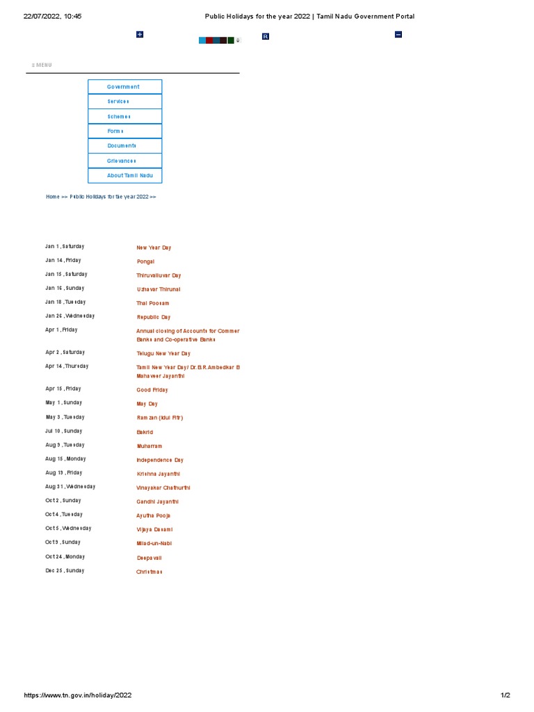 Tamil Nadu Government Holidays 2022 | PDF | Tamil Nadu | Observances