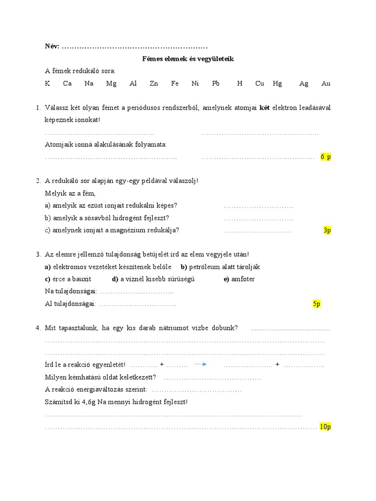 Fémes Elemek És Vegyületeik | PDF